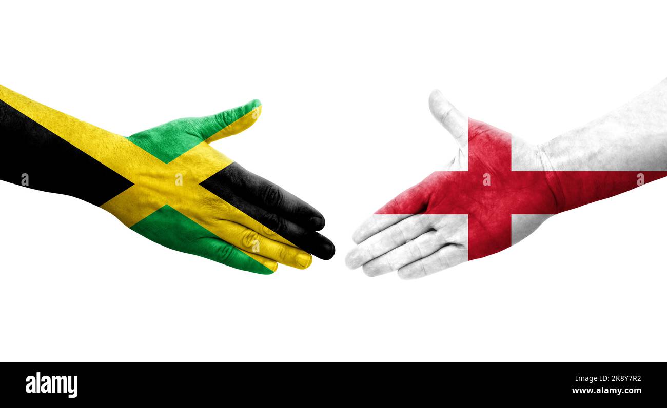 Handshake between England and Jamaica flags painted on hands, isolated ...