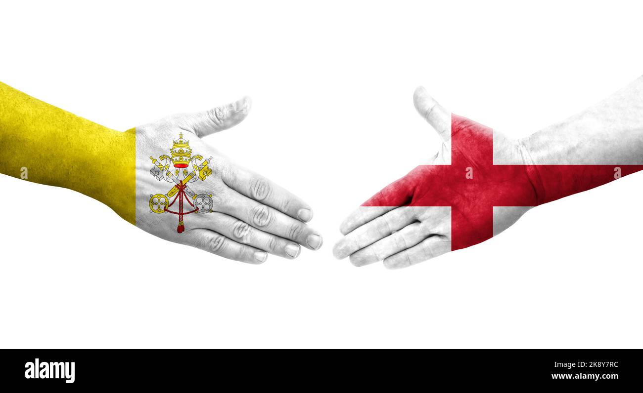 Handshake between England and Holy See flags painted on hands, isolated ...