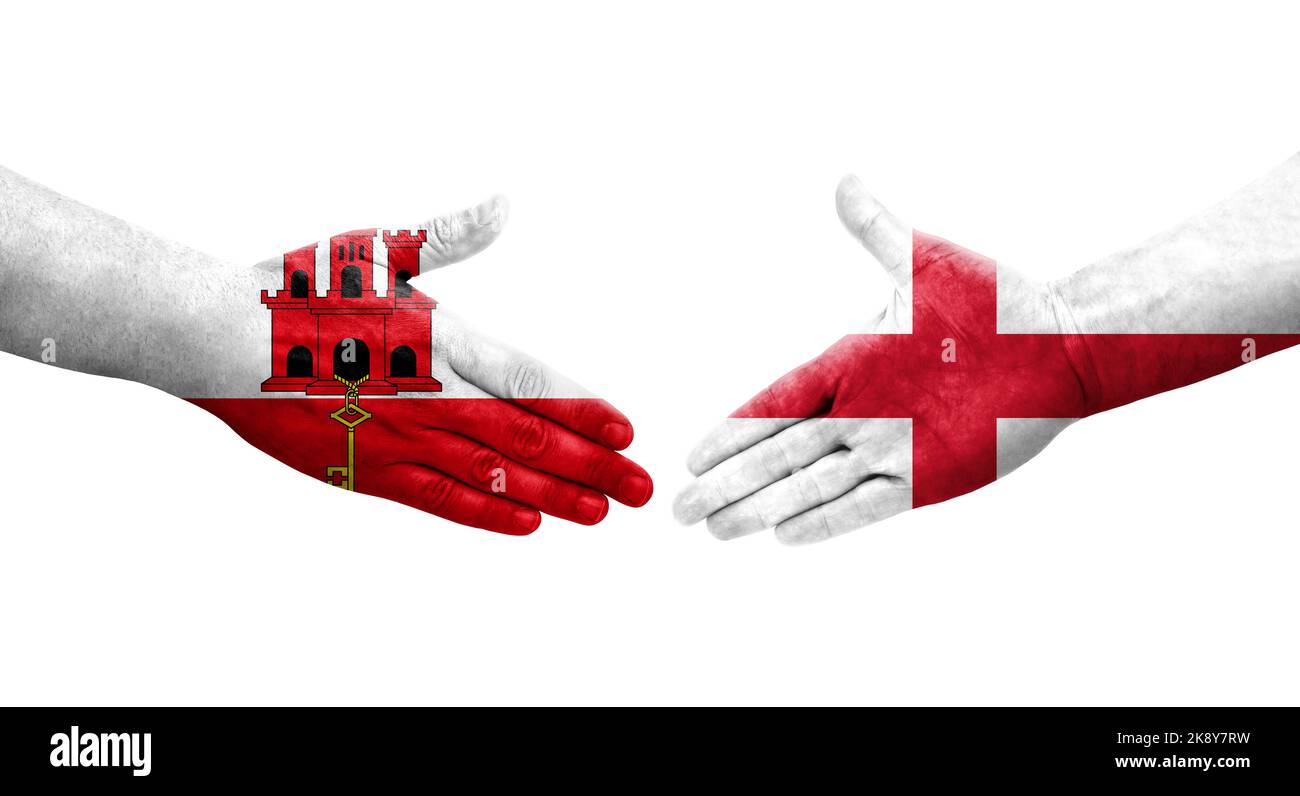 Handshake between England and Gibraltar flags painted on hands ...