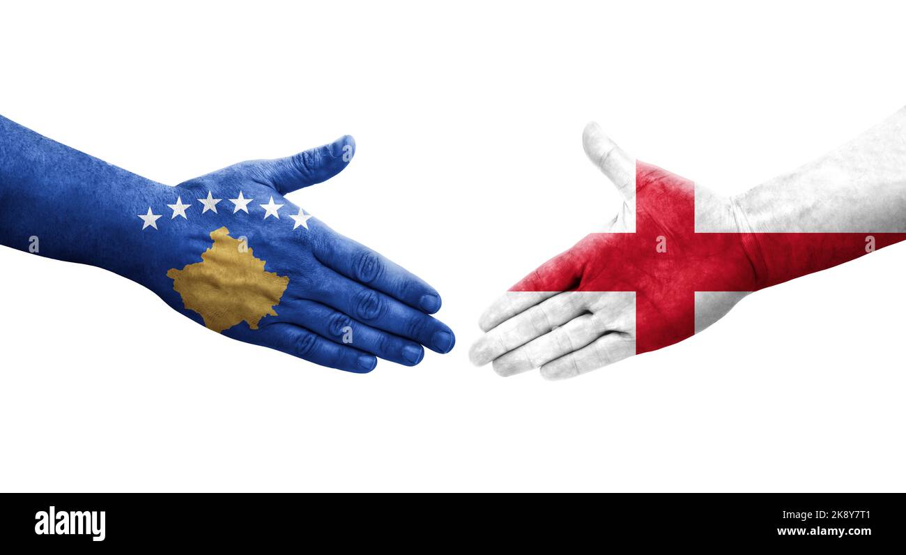 Handshake between England and Kosovo flags painted on hands, isolated ...