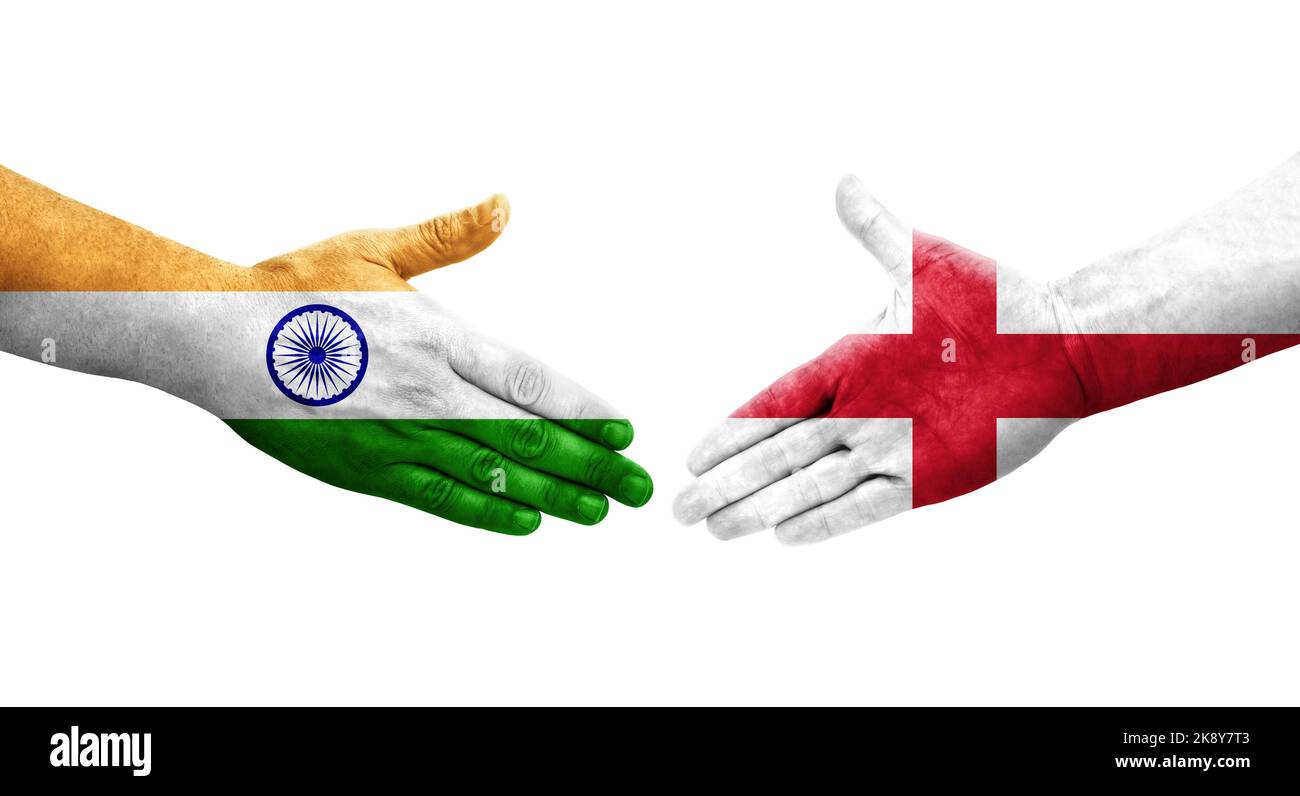 Handshake between England and India flags painted on hands, isolated ...
