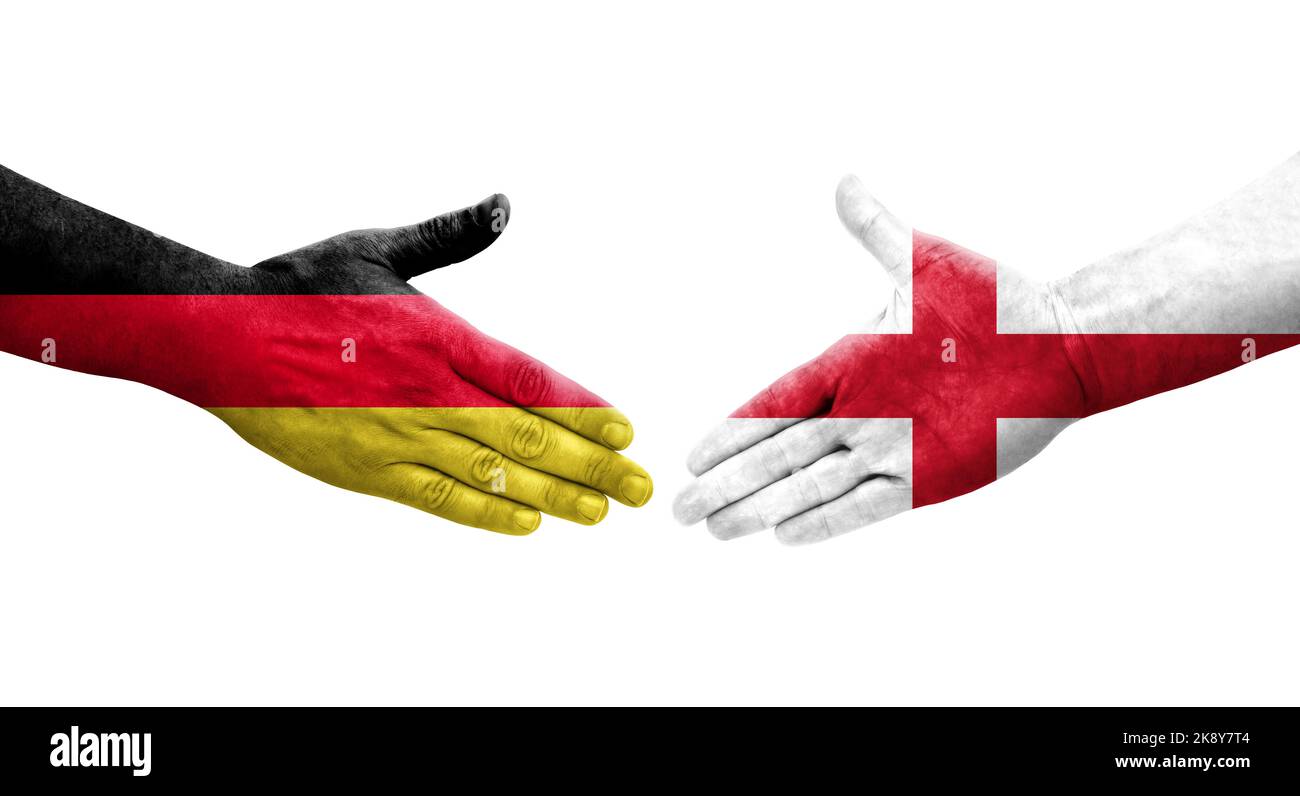 Handshake between England and Germany flags painted on hands, isolated ...