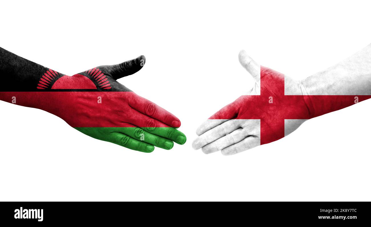 Handshake between England and Malawi flags painted on hands, isolated ...