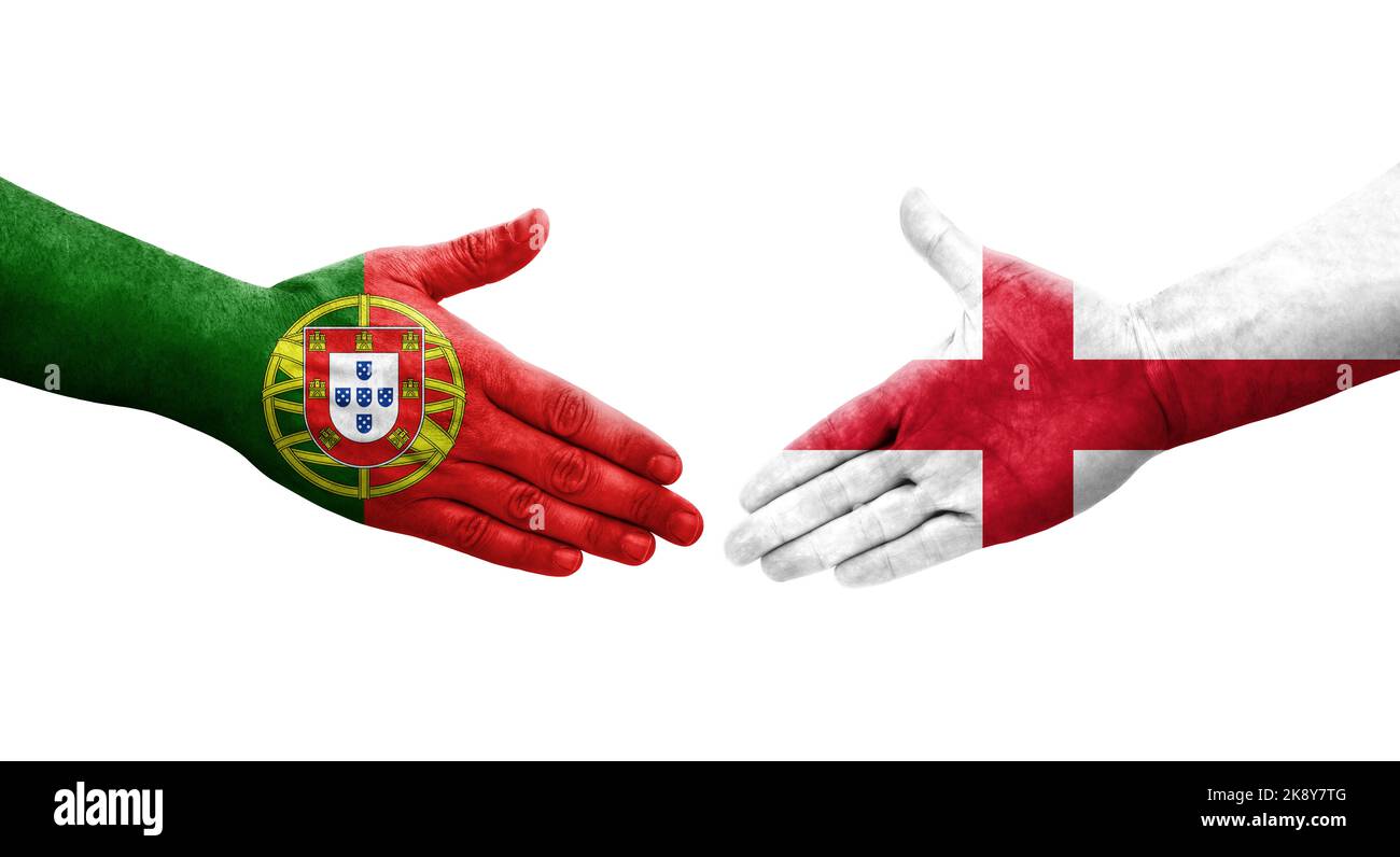 Handshake between England and Portugal flags painted on hands, isolated ...