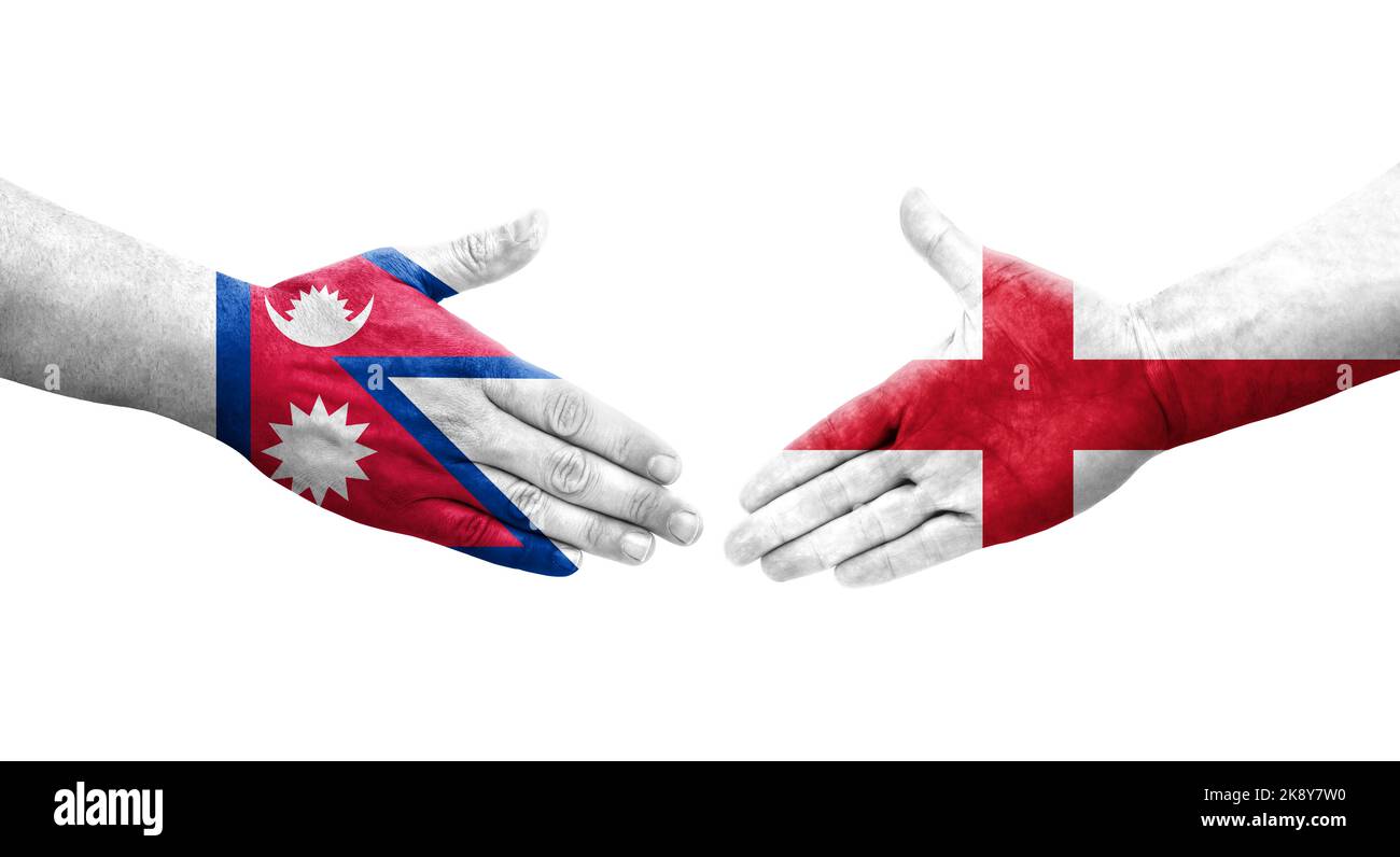 Handshake between England and Nepal flags painted on hands, isolated ...