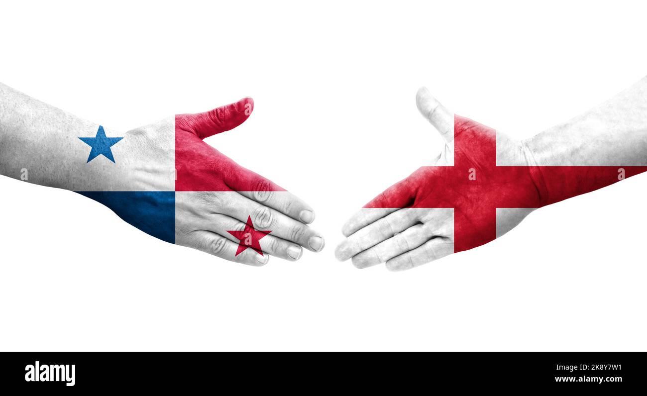Handshake Between England And Panama Flags Painted On Hands Isolated