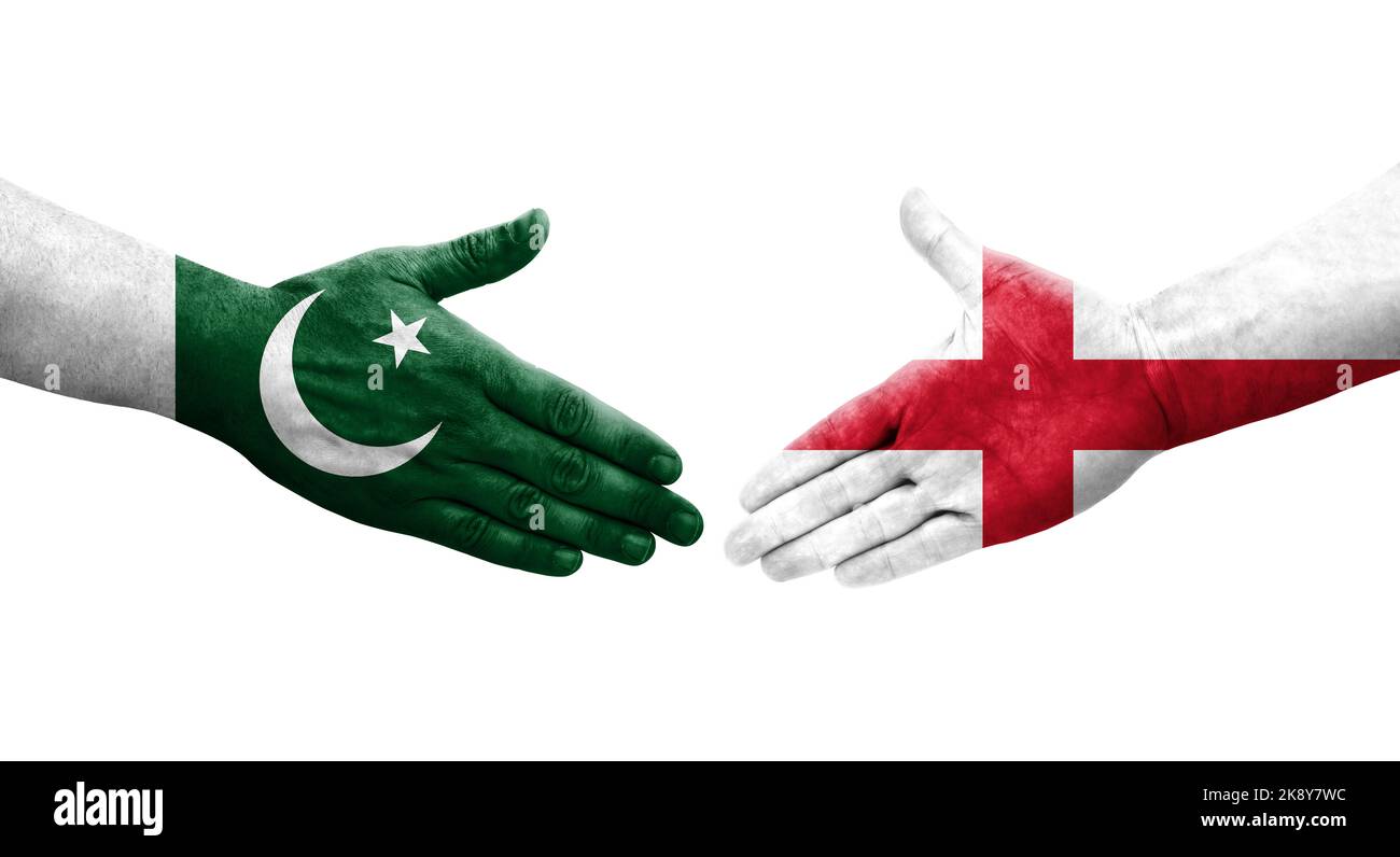 Handshake between England and Pakistan flags painted on hands, isolated ...