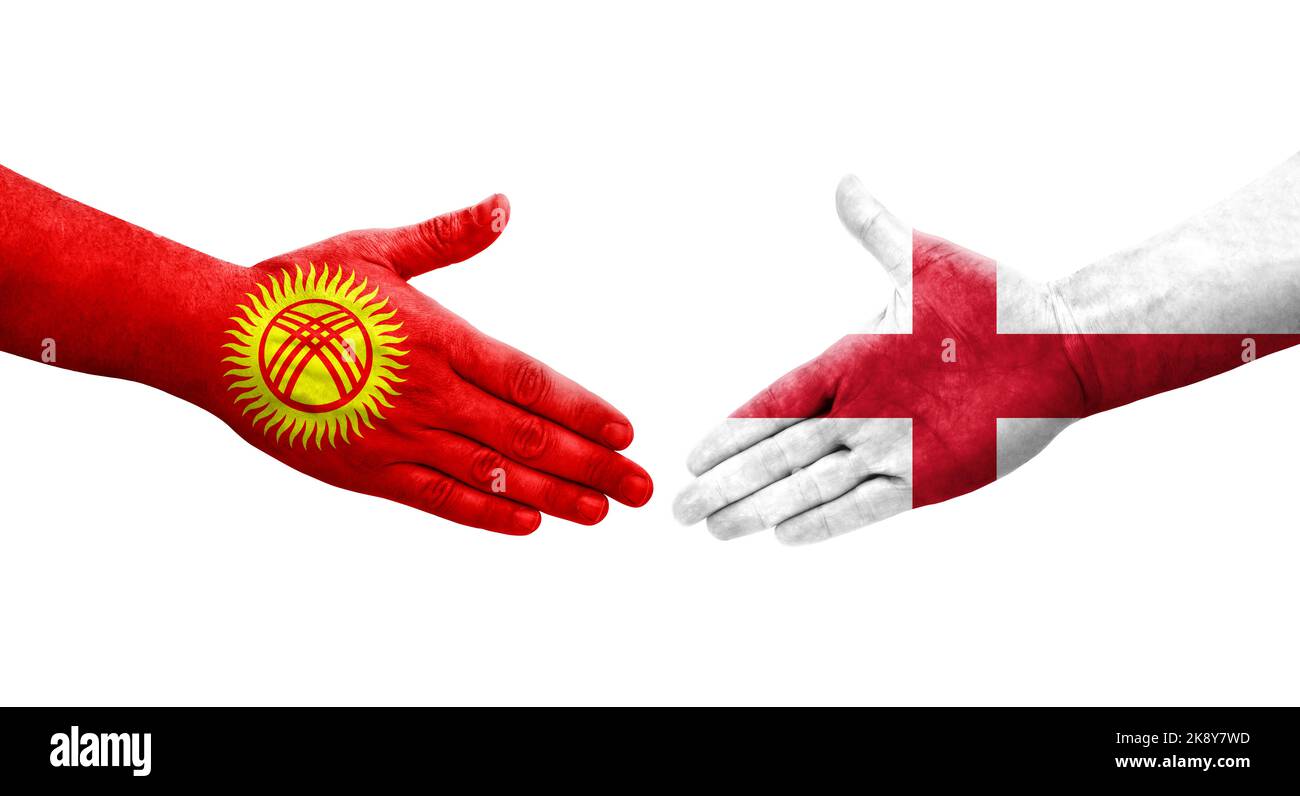 Handshake between England and Kyrgyzstan flags painted on hands ...