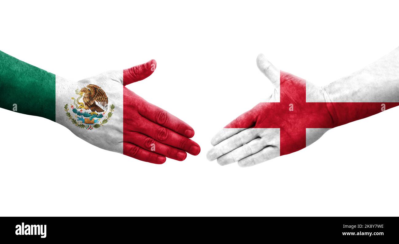 Handshake between England and Mexico flags painted on hands, isolated ...