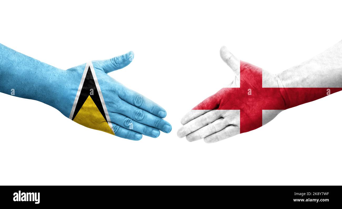 Handshake between England and Saint Lucia flags painted on hands ...