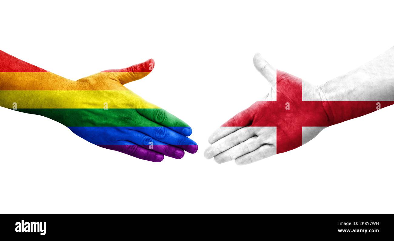 Handshake between England and LGBT flags painted on hands, isolated ...