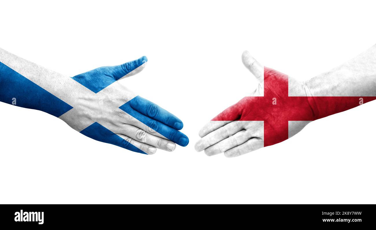 Handshake between England and Scotland flags painted on hands, isolated ...