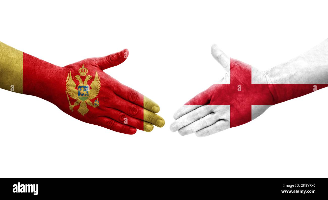 Handshake between England and Montenegro flags painted on hands ...