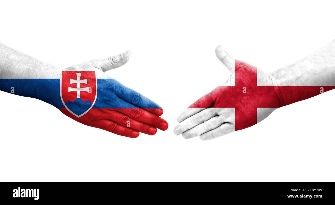 Handshake between England and Slovakia flags painted on hands, isolated ...