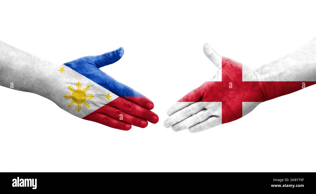 Handshake between England and Philippines flags painted on hands ...