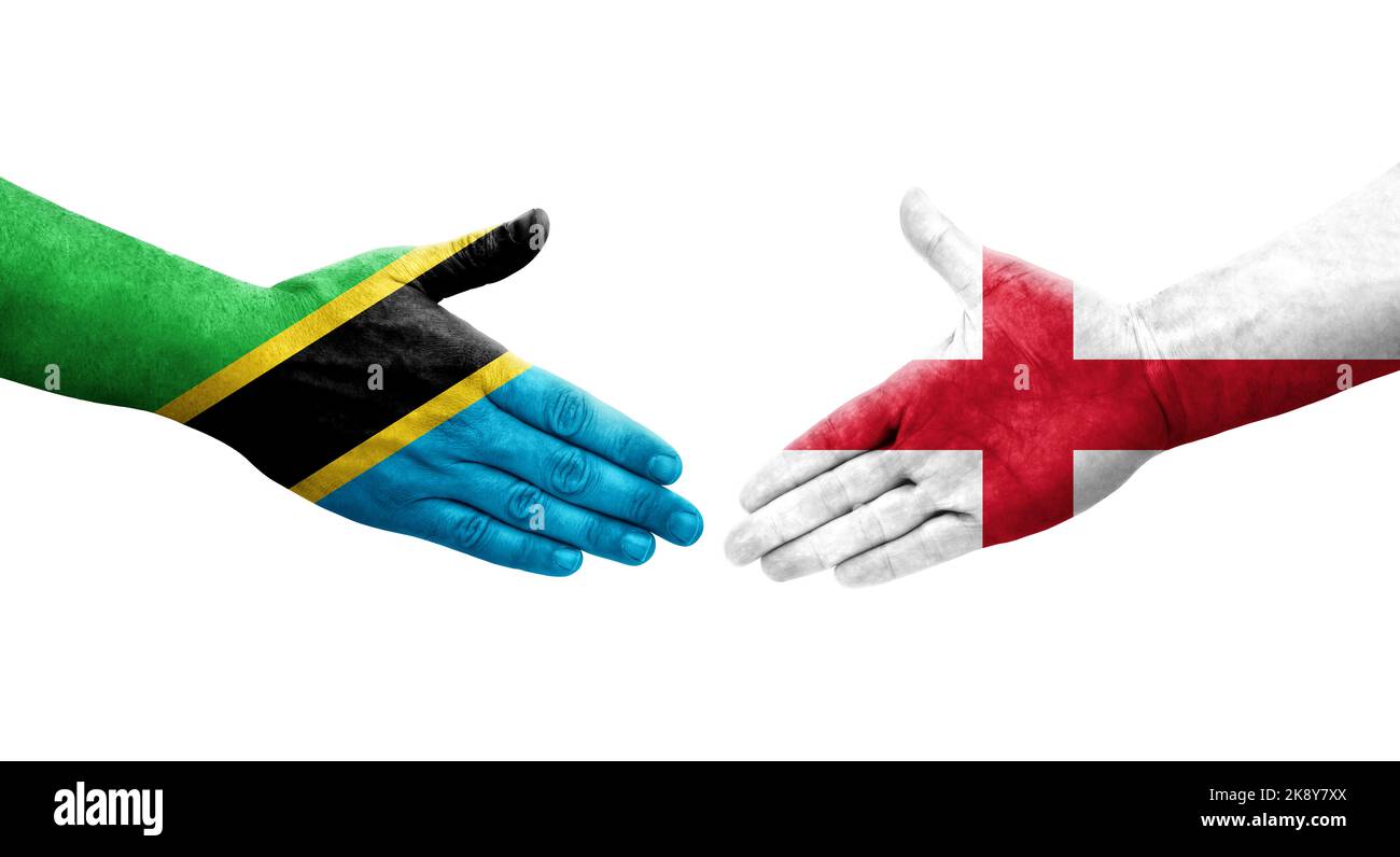 Handshake between England and Tanzania flags painted on hands, isolated ...