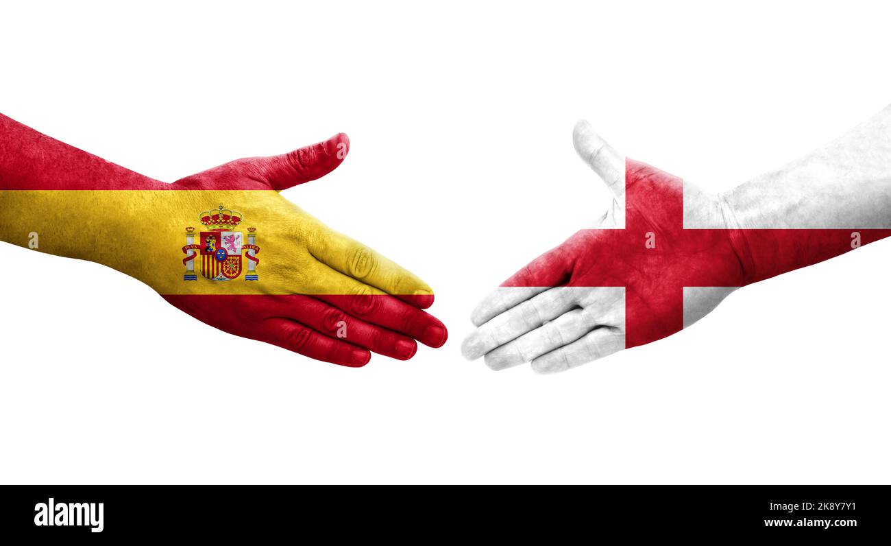 Handshake between England and Spain flags painted on hands, isolated ...