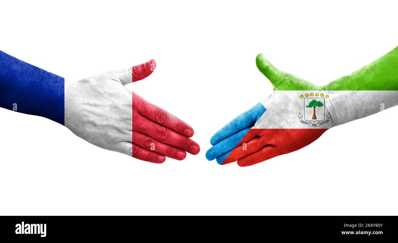 Handshake between Equatorial Guinea and France flags painted on hands ...