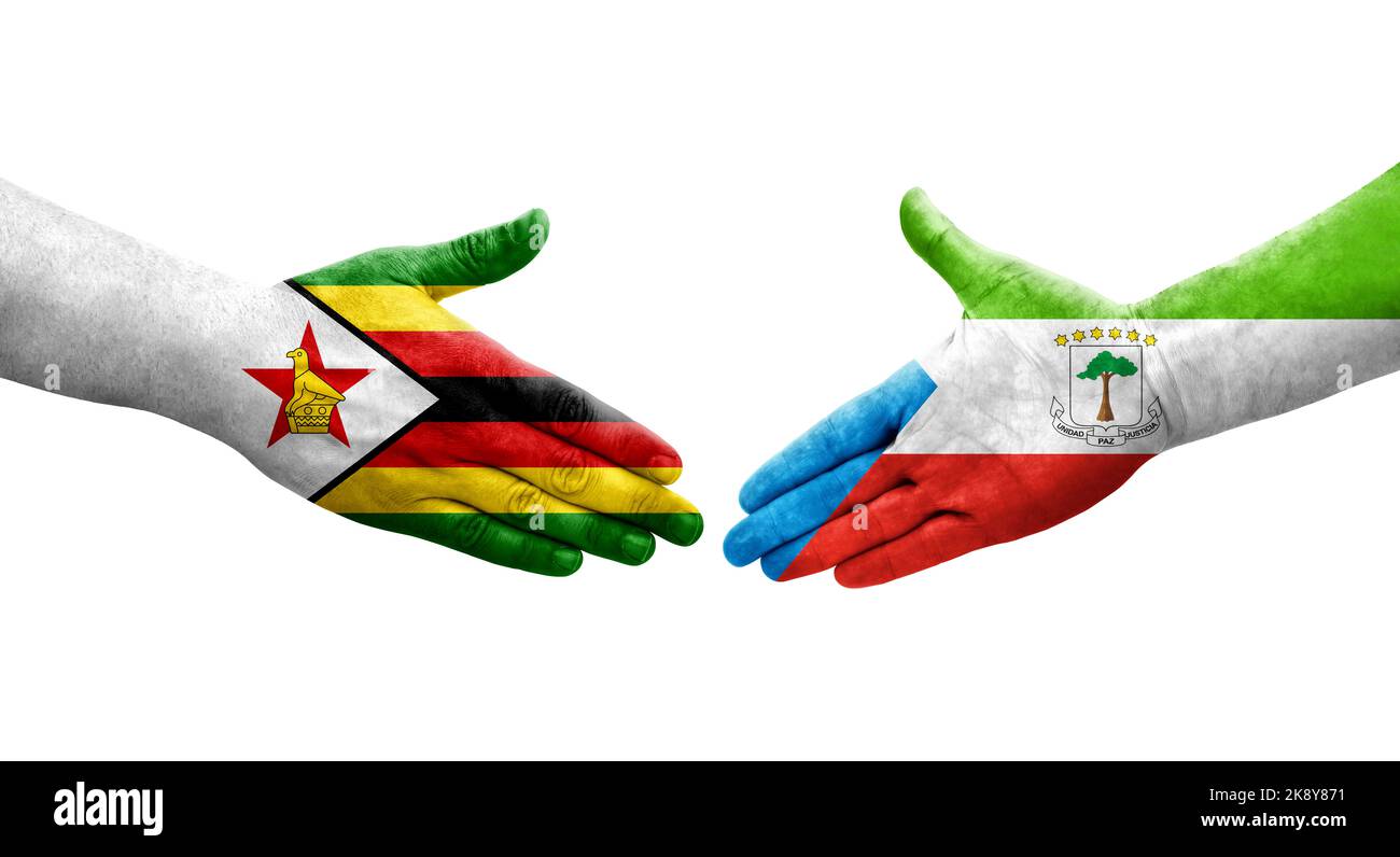 Handshake between Equatorial Guinea and Zimbabwe flags painted on hands ...