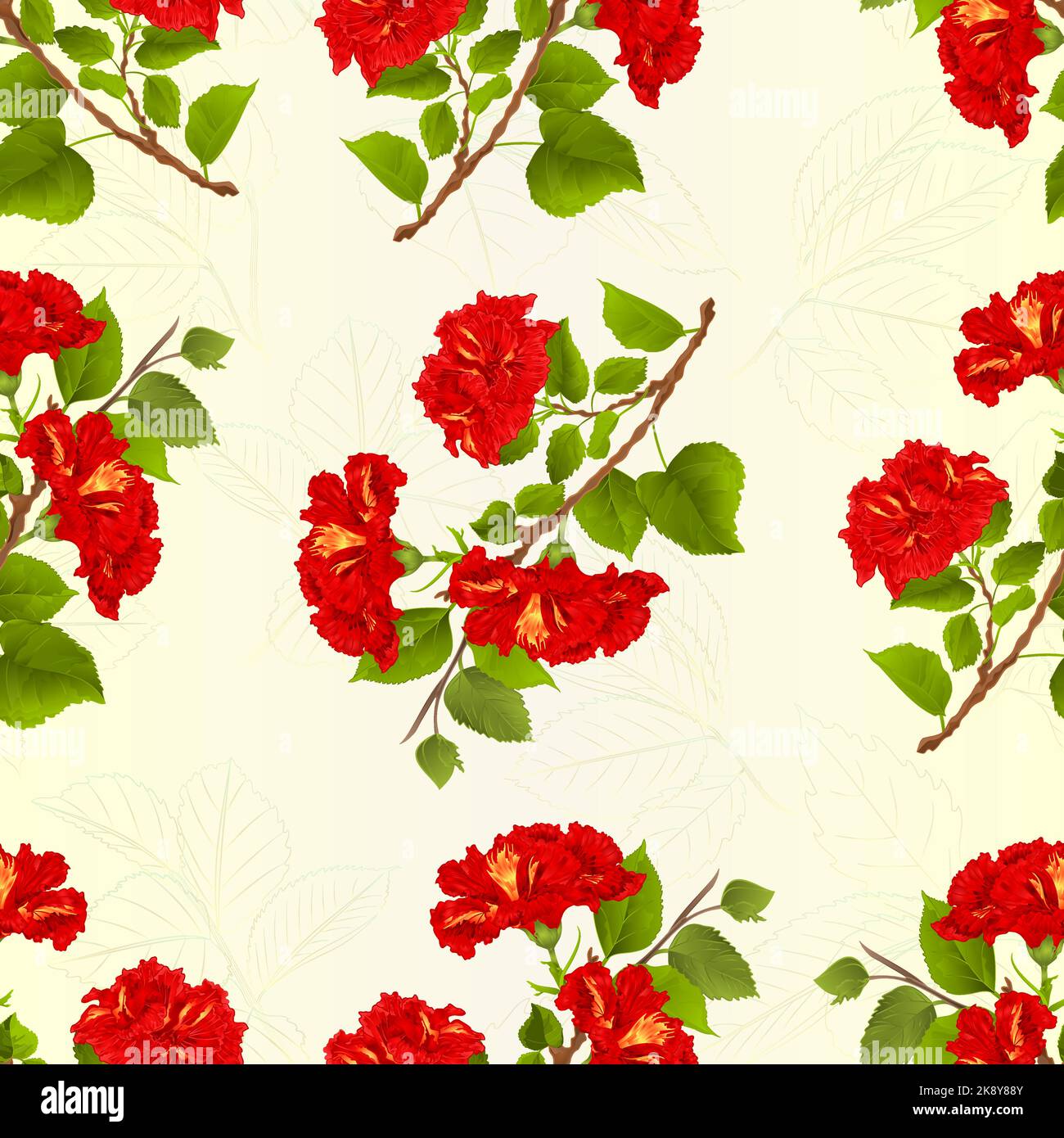 Seamless texture red hibiscus branch tropical flowers vintage vector botanical illustration ...