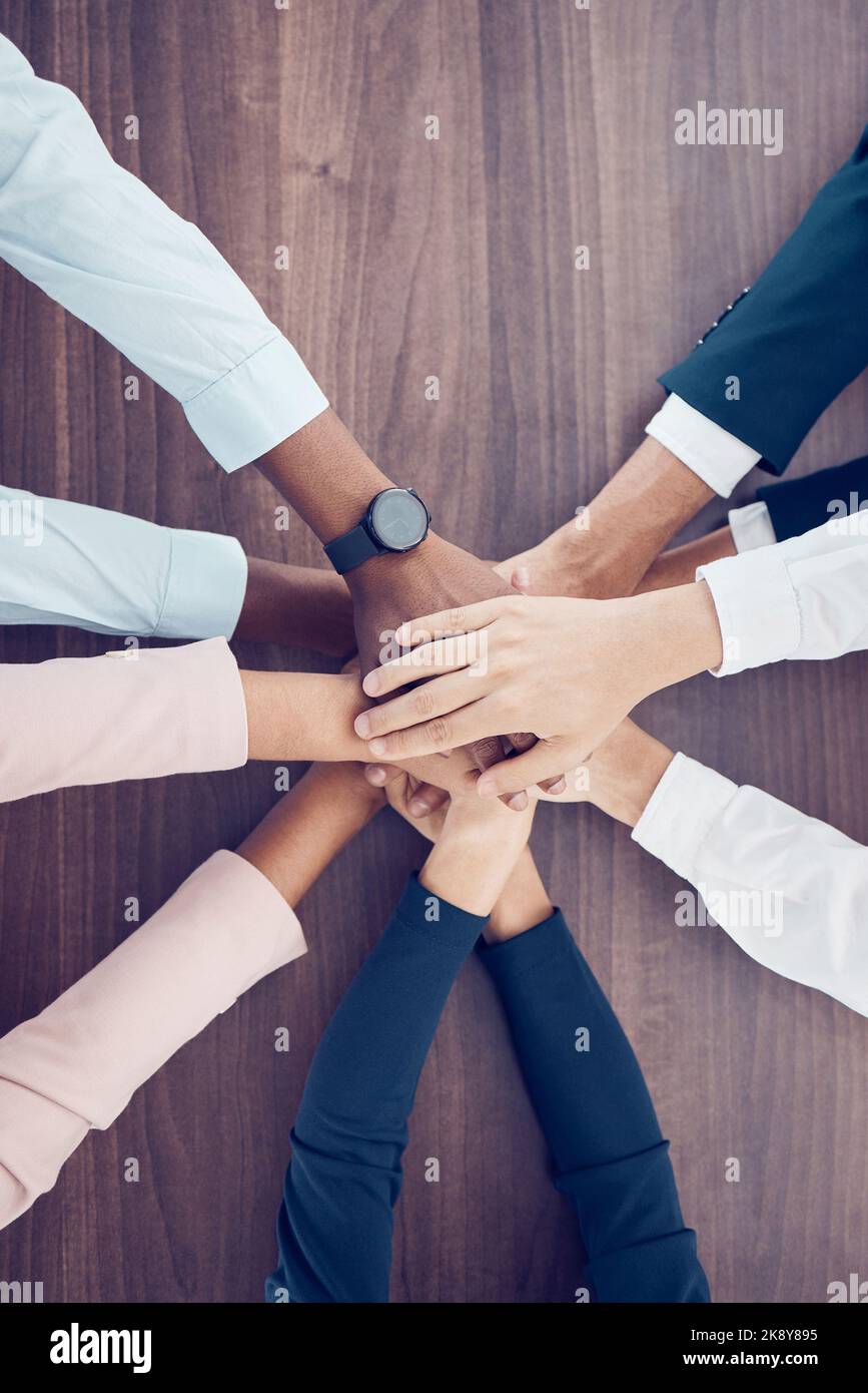 Teamwork, collaboration and motivation business people hands connect together in office. Group ...