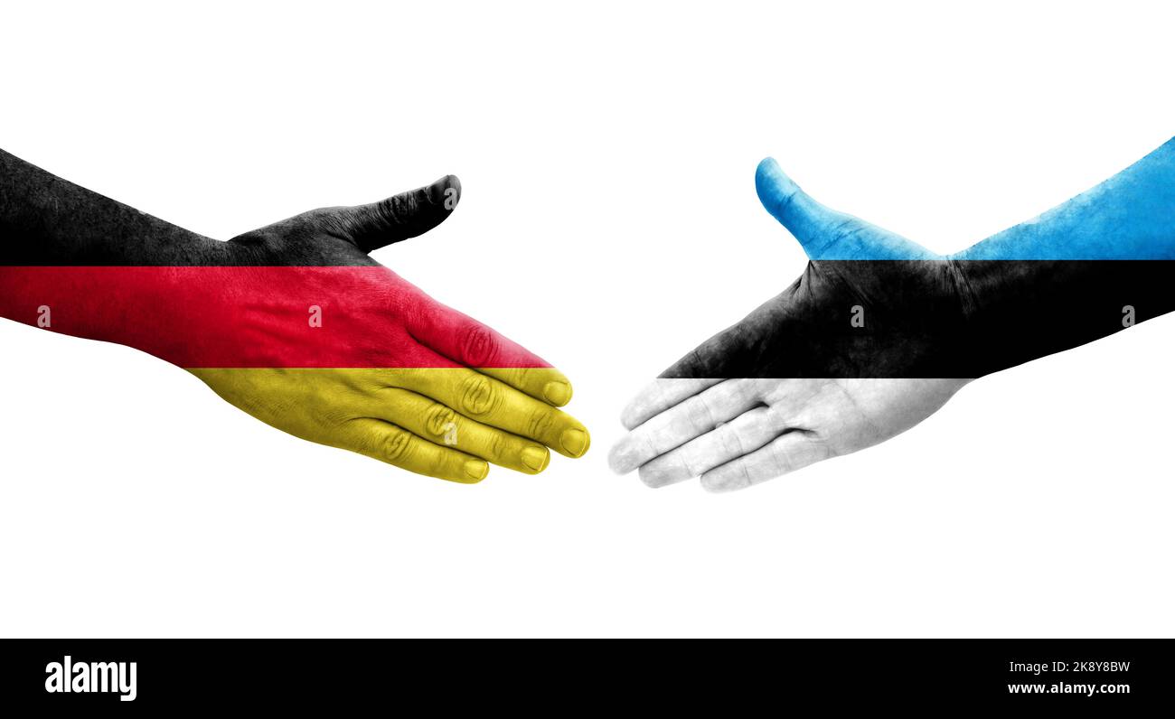 Handshake between Estonia and Germany flags painted on hands, isolated ...