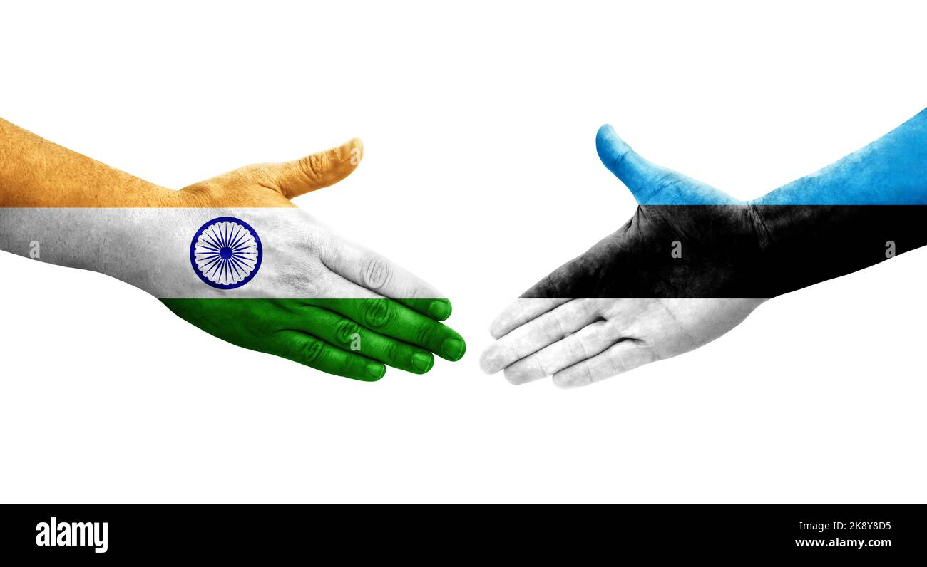 Handshake between Estonia and India flags painted on hands, isolated ...
