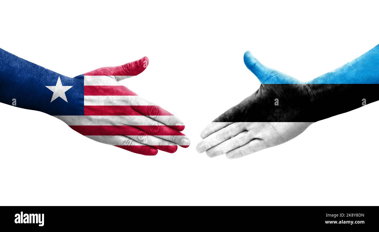 Handshake between Estonia and Liberia flags painted on hands, isolated ...