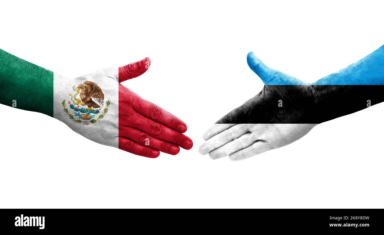 Handshake between Estonia and Mexico flags painted on hands, isolated ...