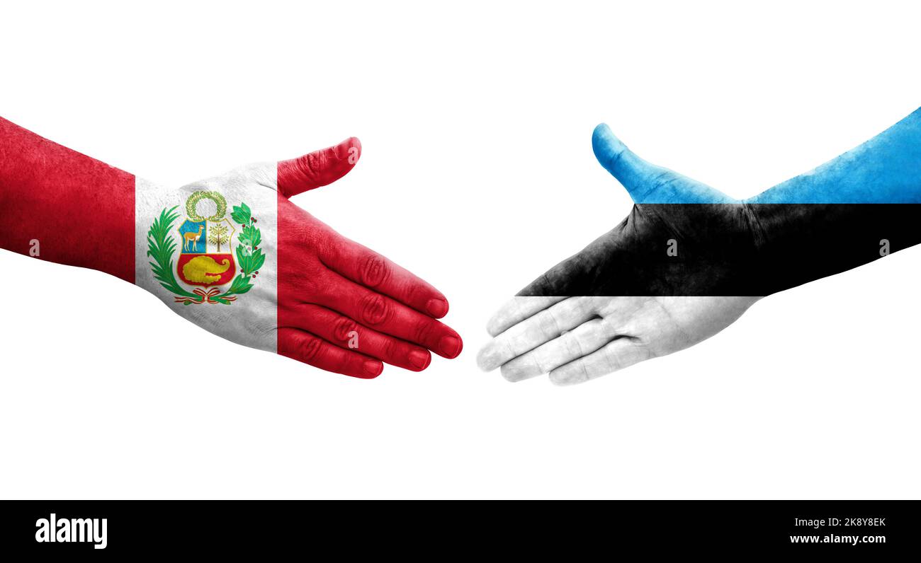 Handshake between Estonia and Peru flags painted on hands, isolated ...