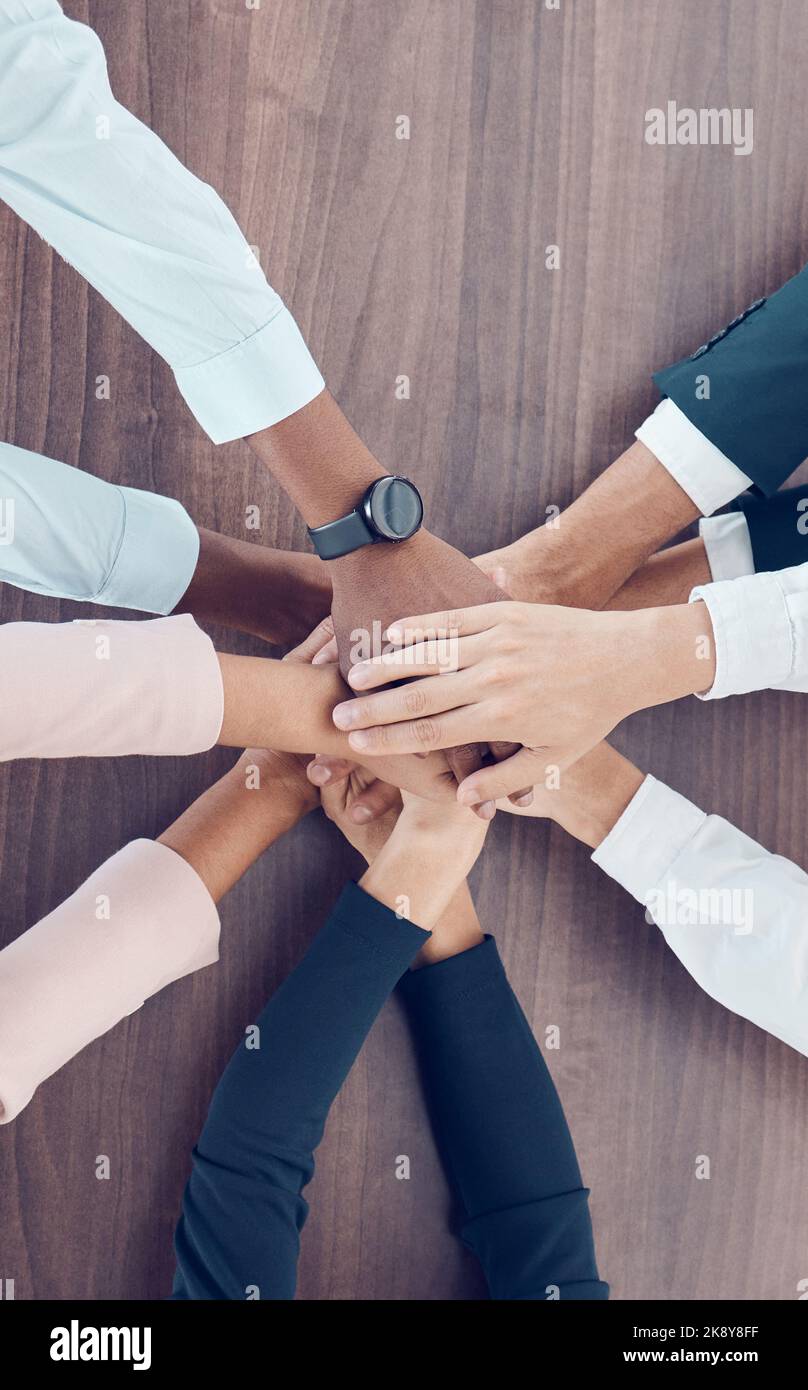 Teamwork hands, collaboration and motivation of business people, trust and growth mission with ...