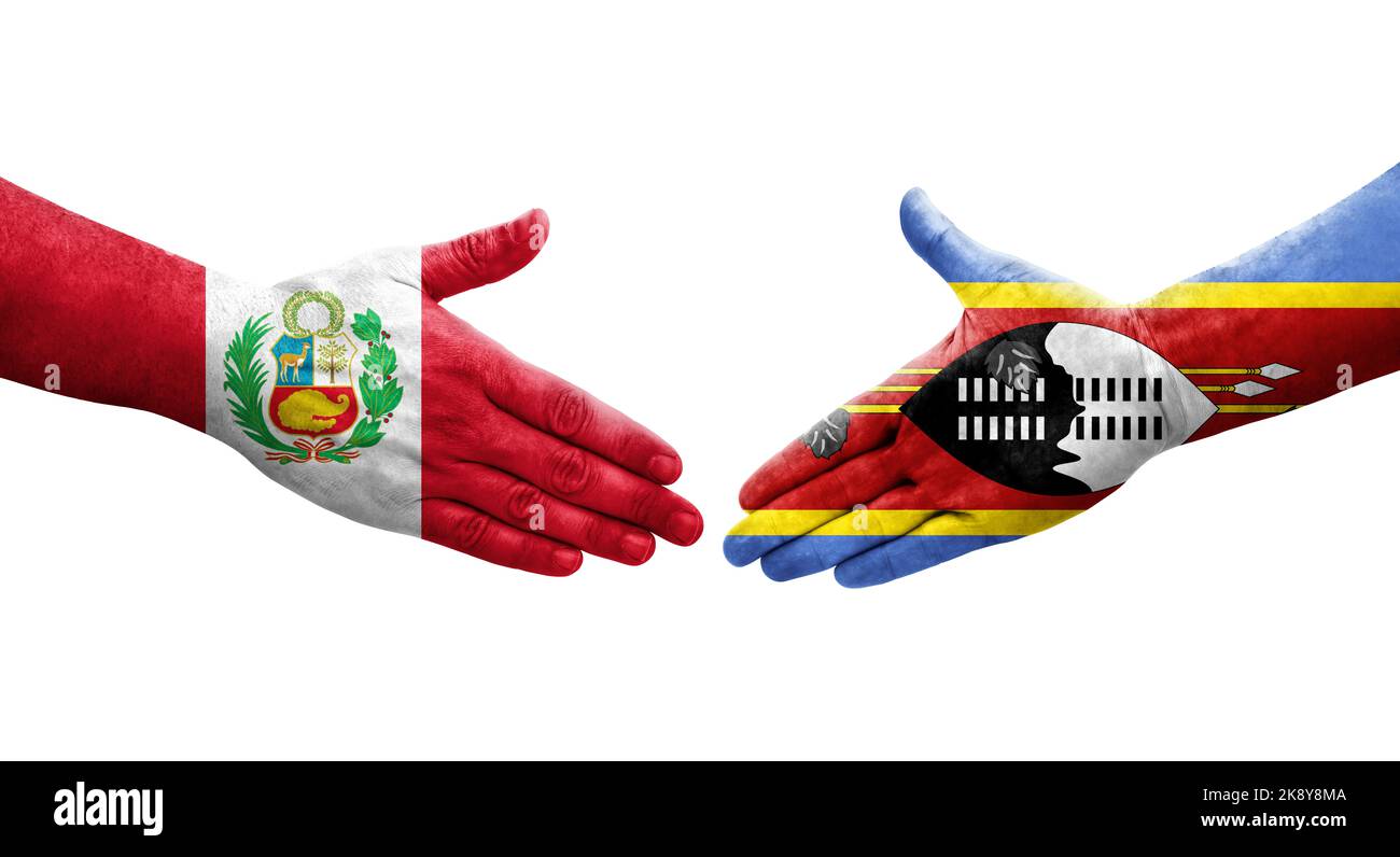 Handshake between Eswatini and Peru flags painted on hands, isolated ...