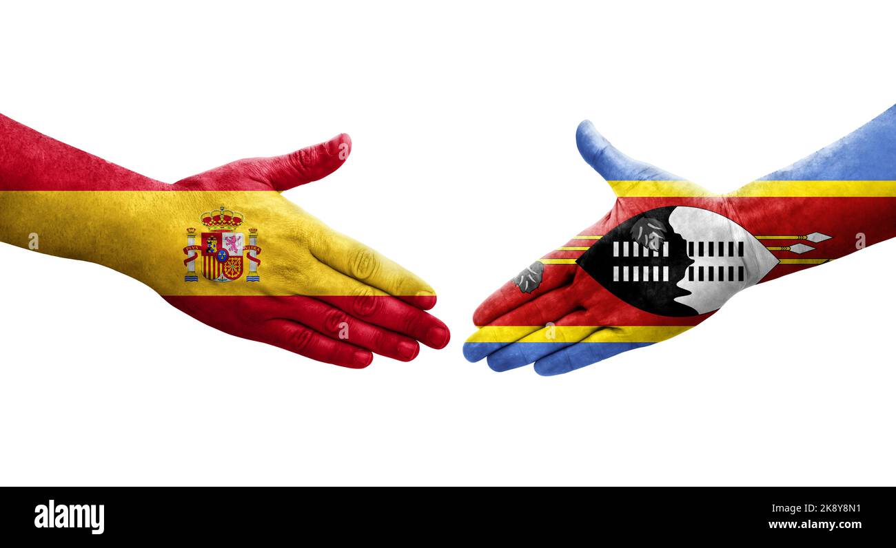 Handshake between Eswatini and Spain flags painted on hands, isolated ...