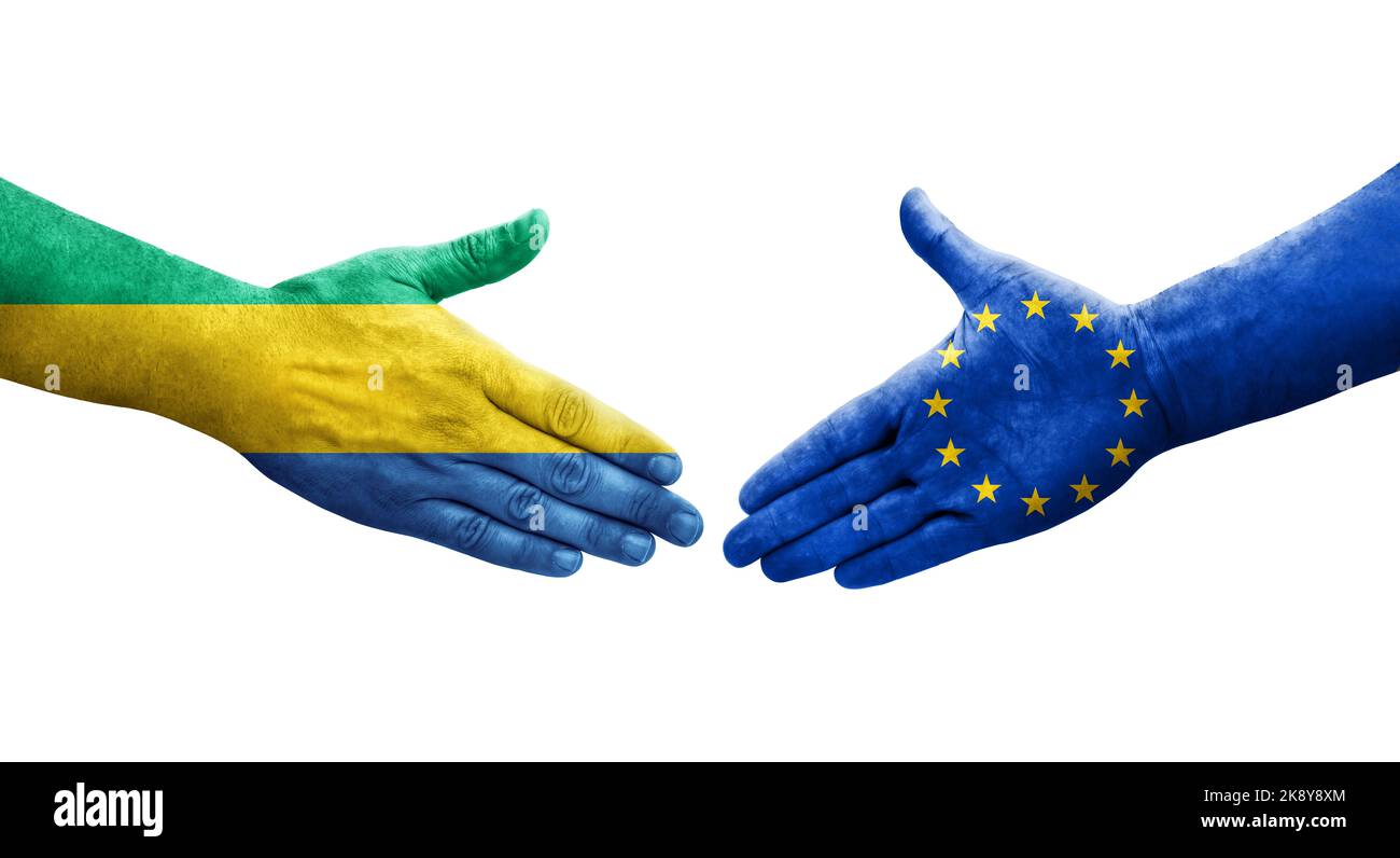 Handshake between European Union and Gabon flags painted on hands ...