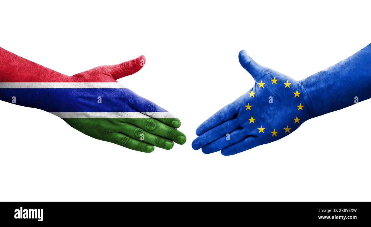Handshake between European Union and Gambia flags painted on hands ...