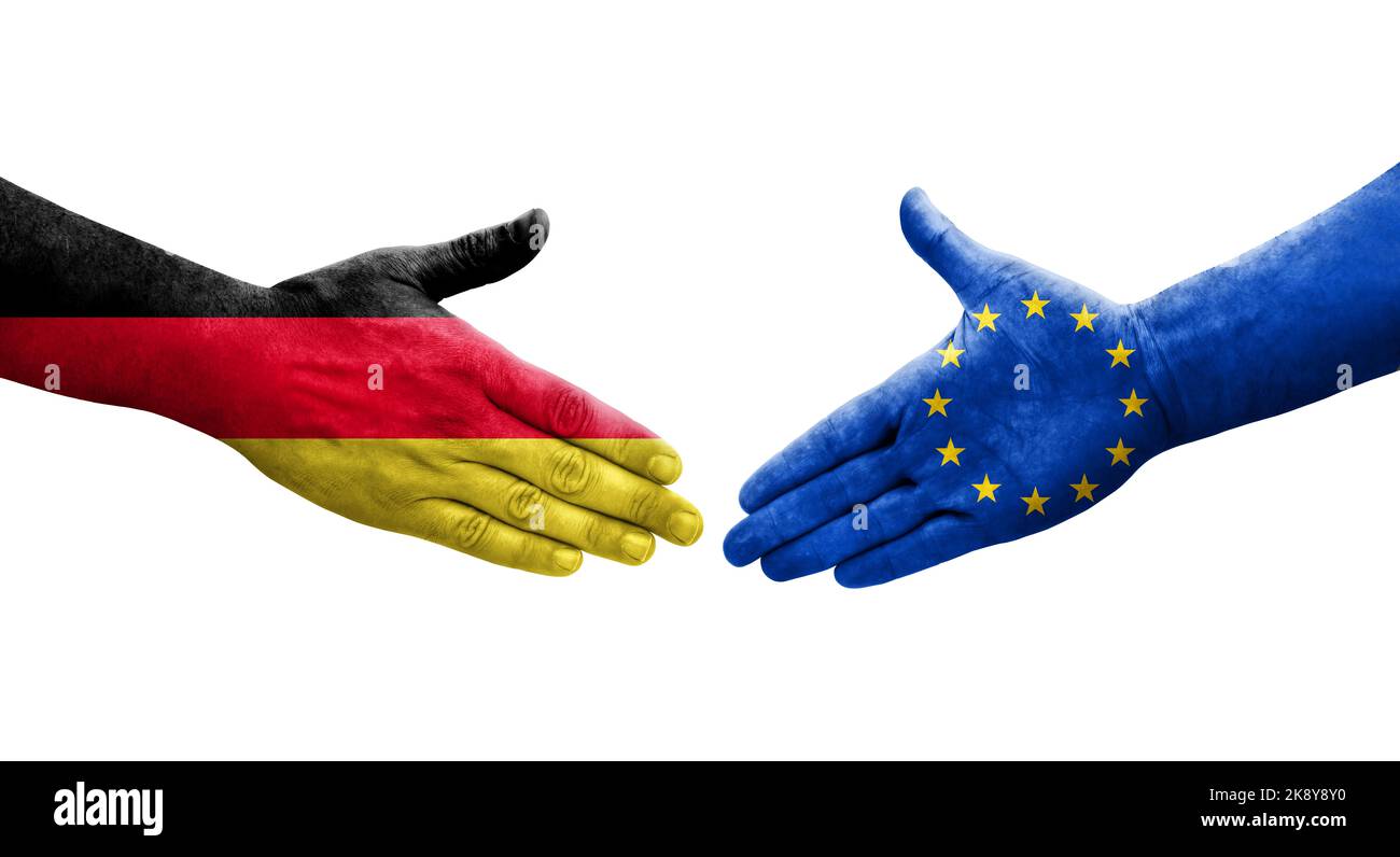 Handshake between European Union and Germany flags painted on hands ...