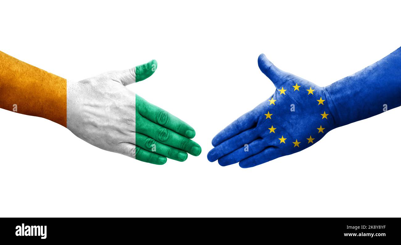Handshake between European Union and Ivory Coast flags painted on hands ...