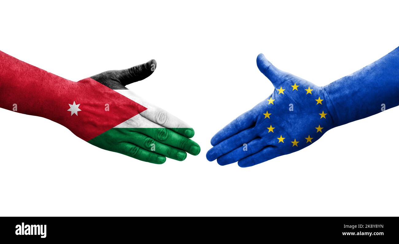 Handshake between European Union and Jordan flags painted on hands ...