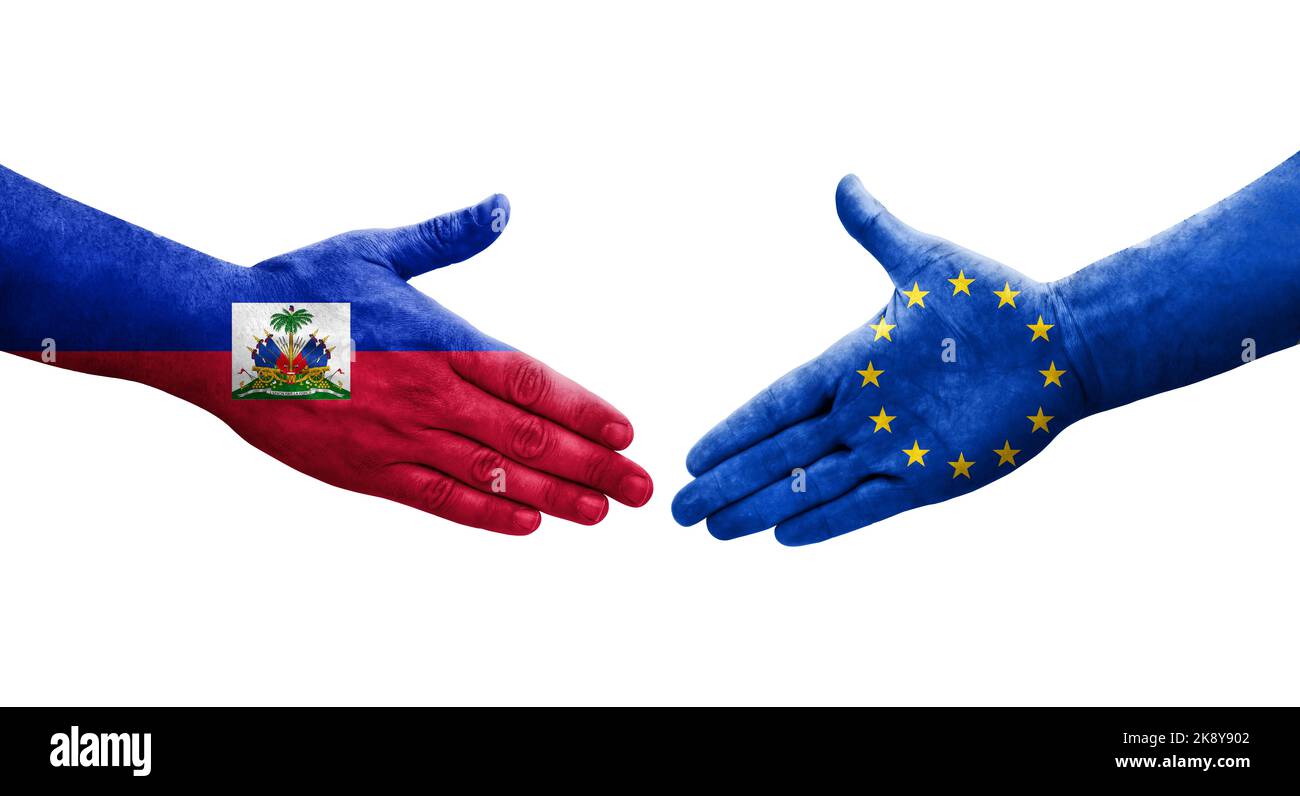 Handshake between European Union and Haiti flags painted on hands ...