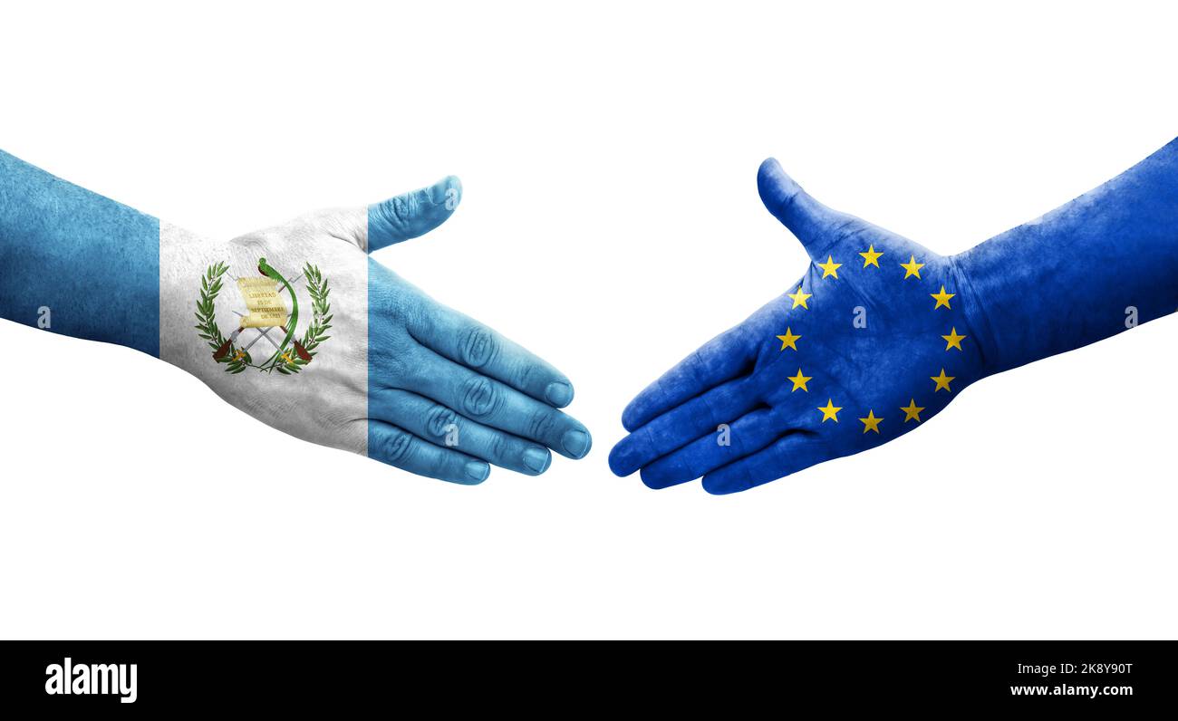 Handshake between European Union and Guatemala flags painted on hands ...