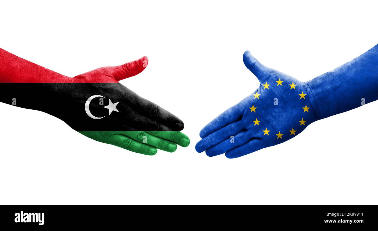 Handshake between European Union and Libya flags painted on hands ...