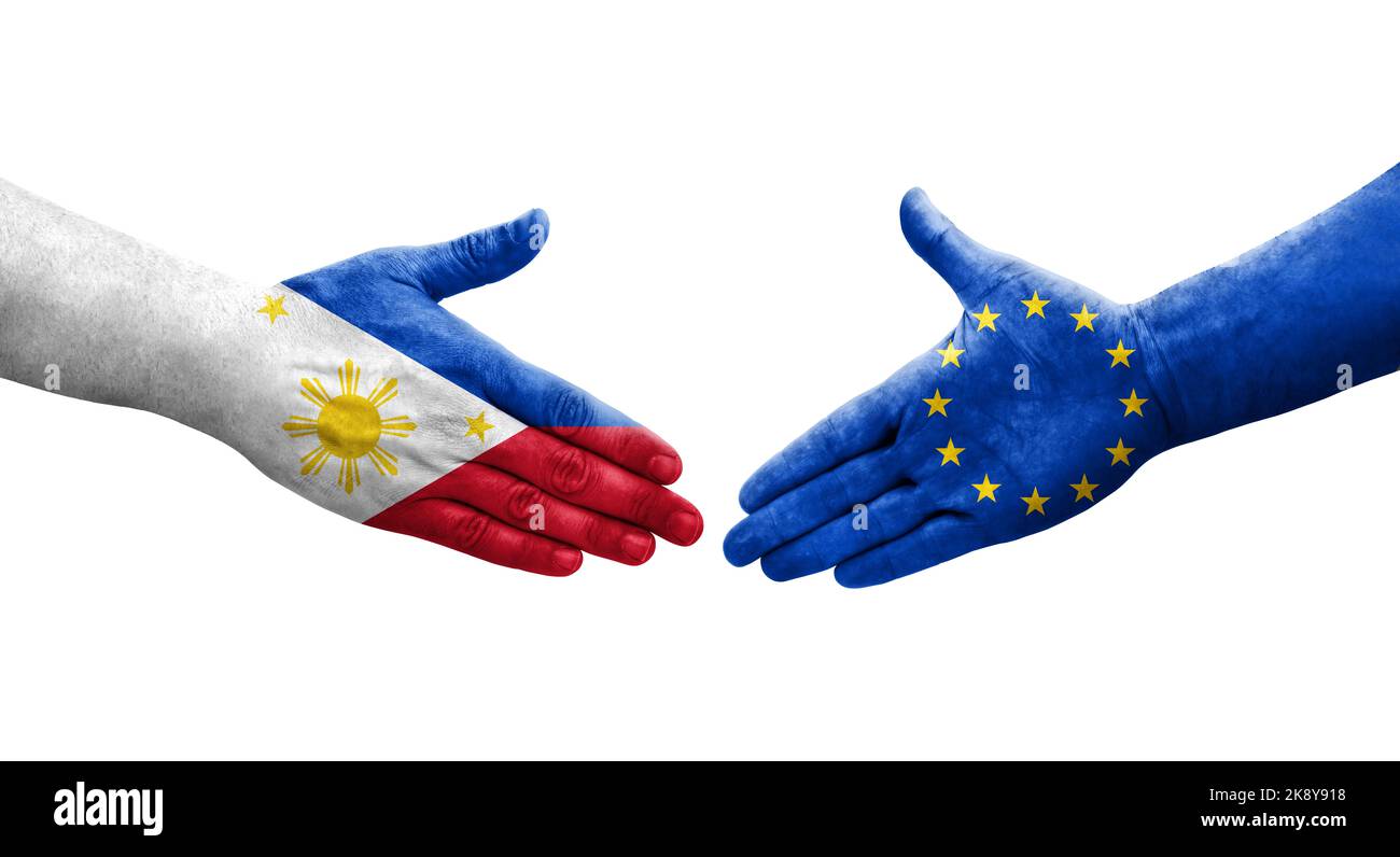 Handshake between European Union and Philippines flags painted on hands ...
