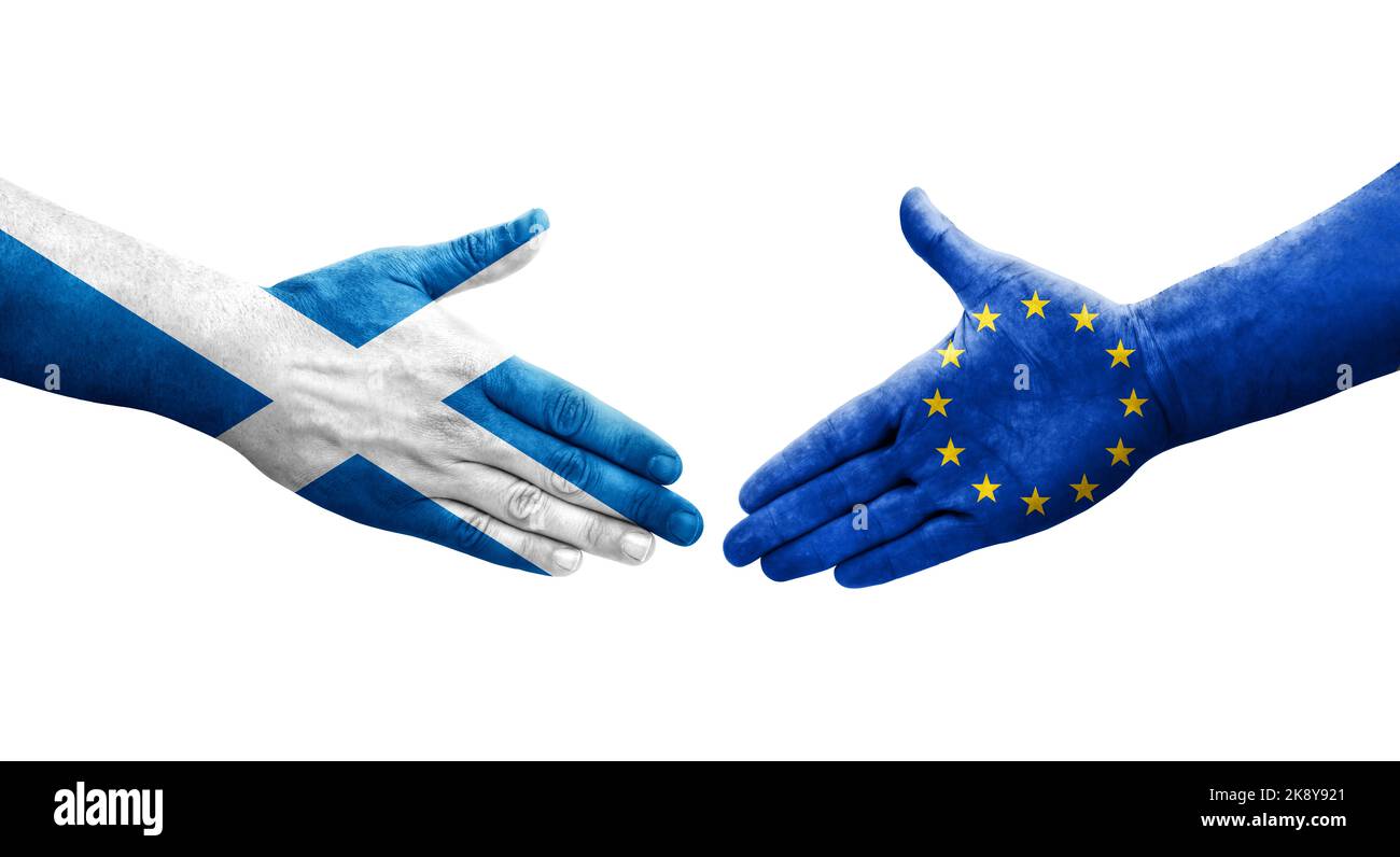 Handshake between European Union and Scotland flags painted on hands ...