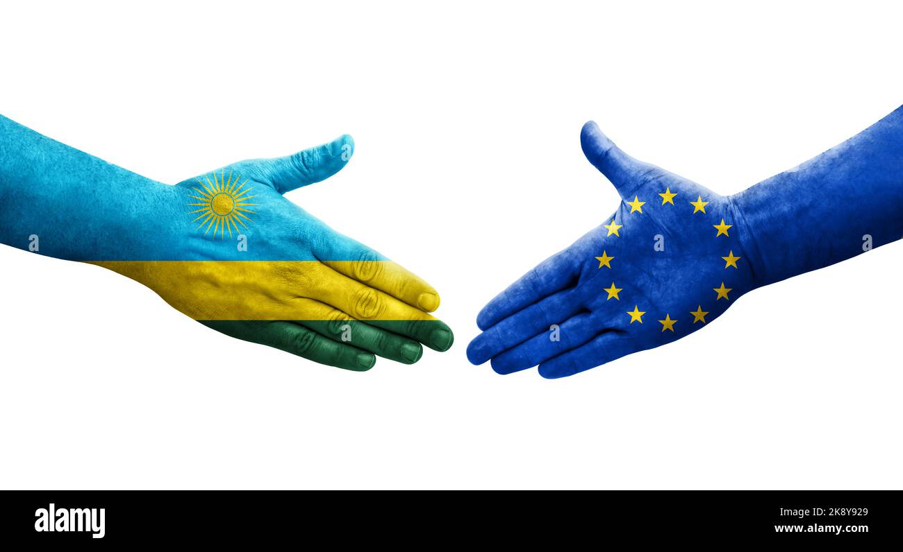Handshake between European Union and Rwanda flags painted on hands ...