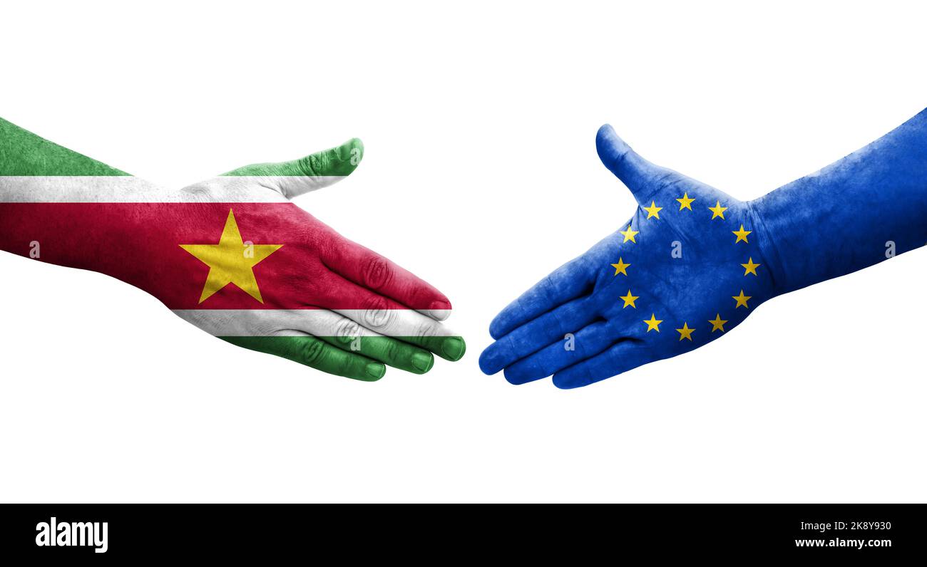 Handshake between European Union and Suriname flags painted on hands ...