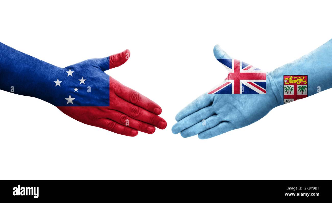 Handshake between Fiji and Samoa flags painted on hands, isolated ...