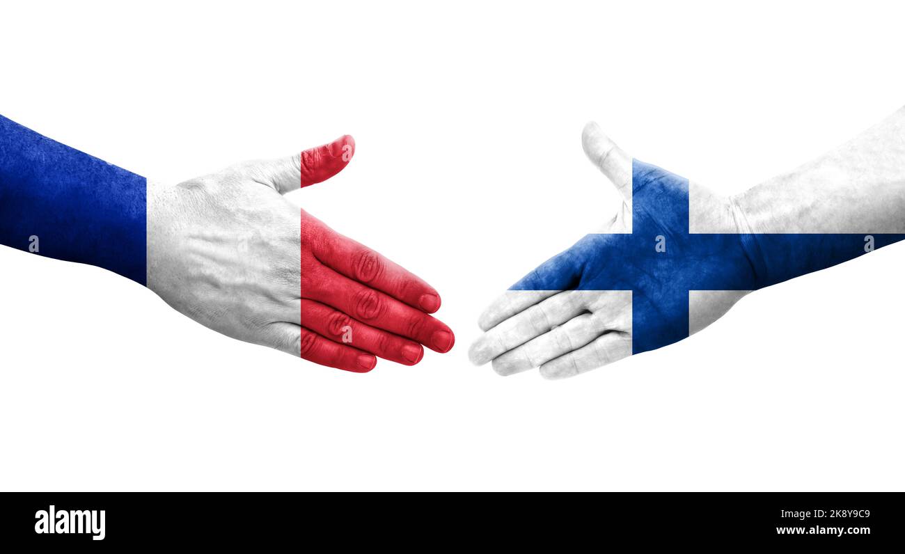 Handshake between Finland and France flags painted on hands, isolated ...