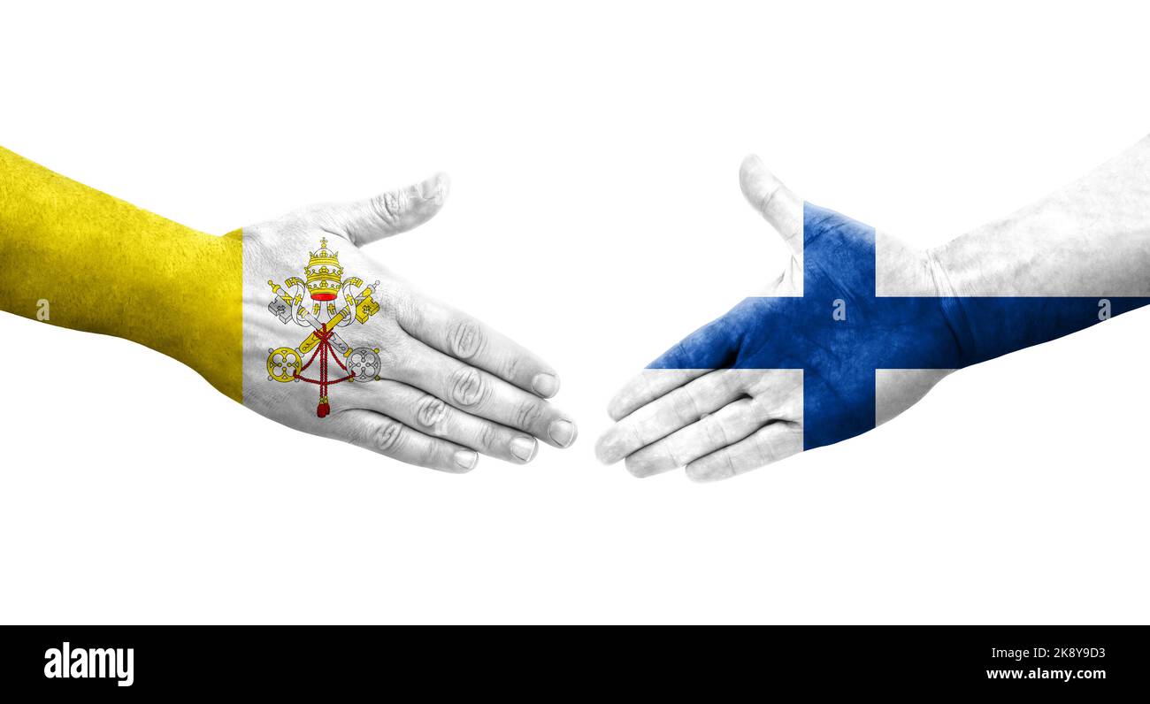 Handshake between Finland and Holy See flags painted on hands, isolated ...