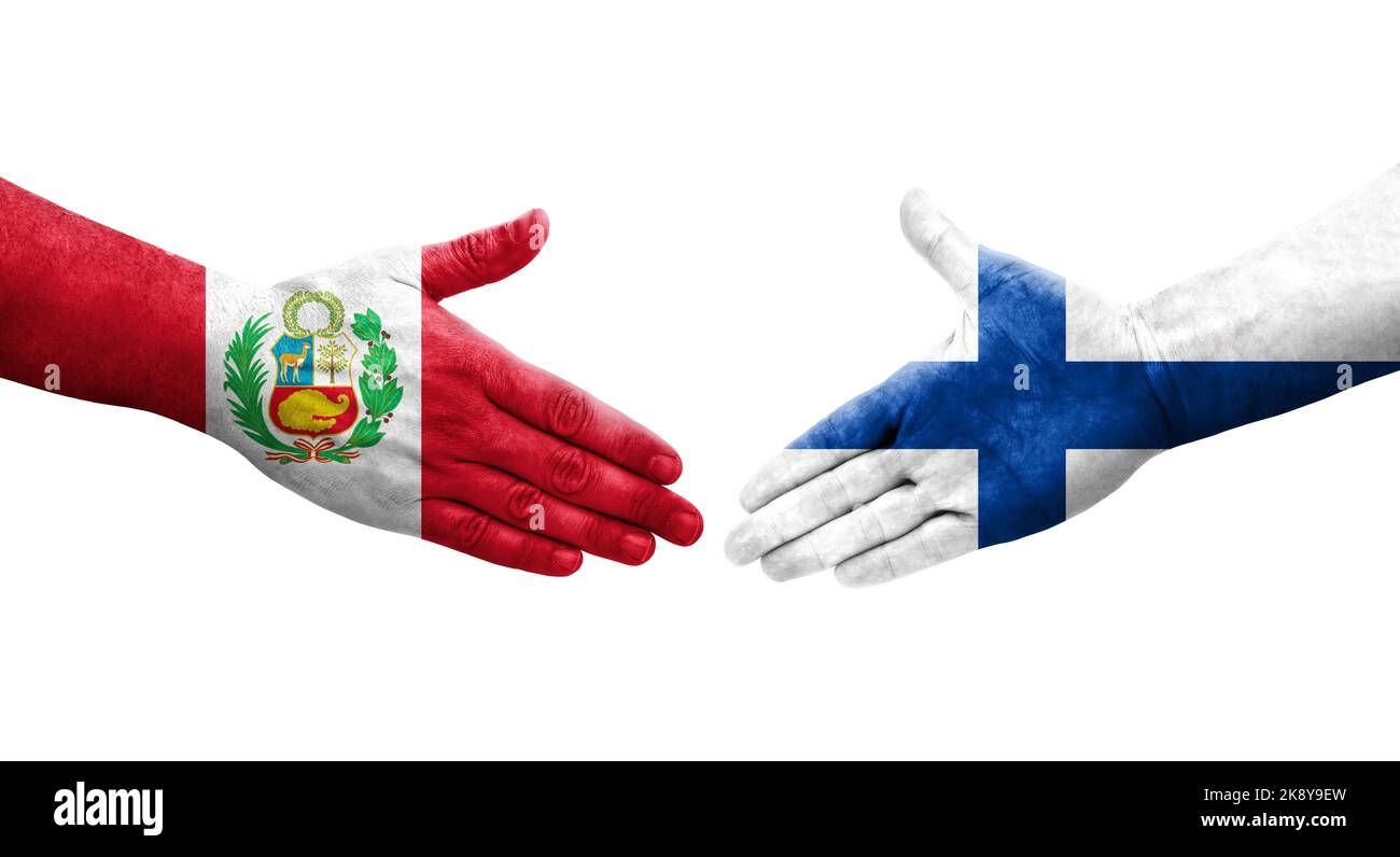 Handshake between Finland and Peru flags painted on hands, isolated ...