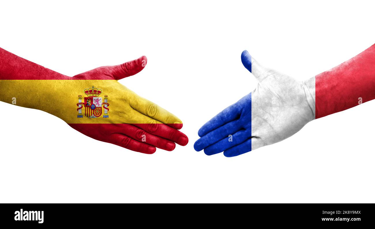 Handshake between France and Spain flags painted on hands, isolated ...